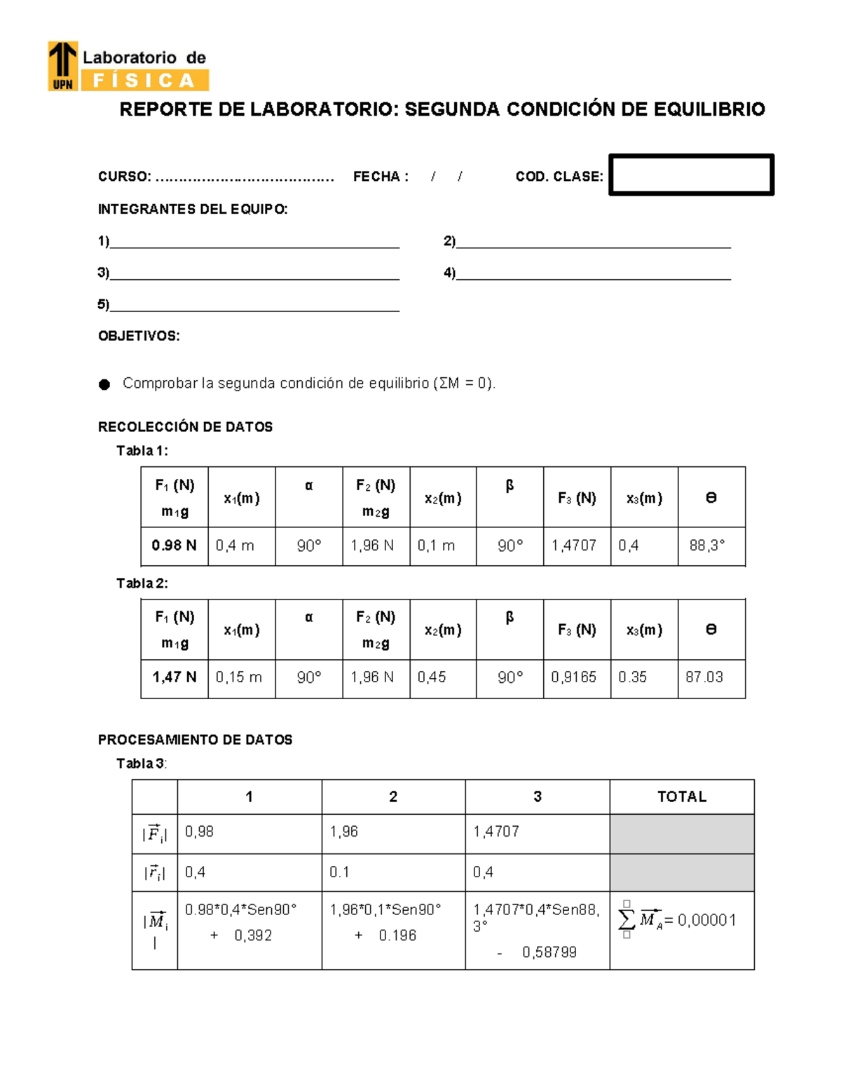 Reporte LAB Fisiarq S06 2CE 2024 - REPORTE DE LABORATORIO: SEGUNDA CONDICIÓN DE EQUILIBRIO CURSO ...