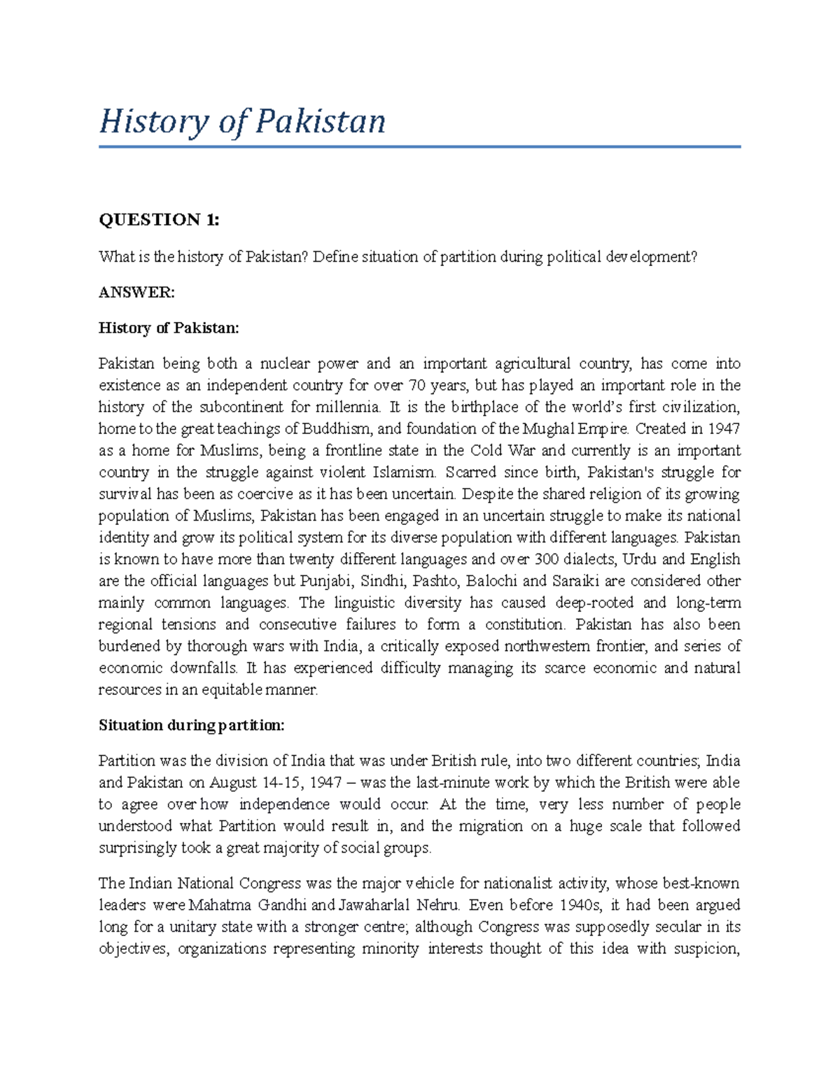 History of Pakistan - Grade: A - History of Pakistan QUESTION 1: What ...