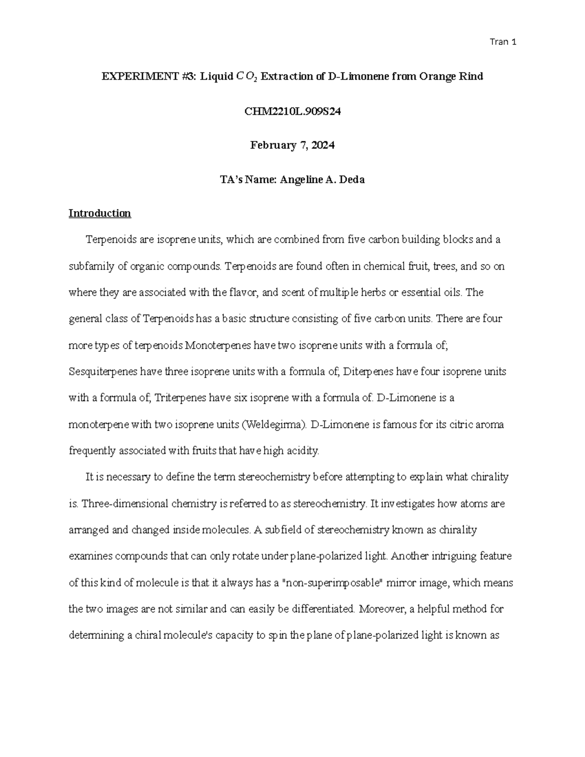 Postlab#3 - EXPERIMENT #3: Liquid CO_2 Extraction of D-Limonene from Orange Rind - EXPERIMENT #3 ...