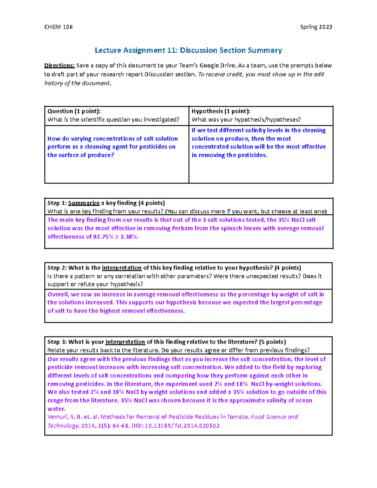 CHEM 106 - Lecture Assignment #11 - CHEM 106 Spring 2023 Lecture Assignment 11: Discussion ...
