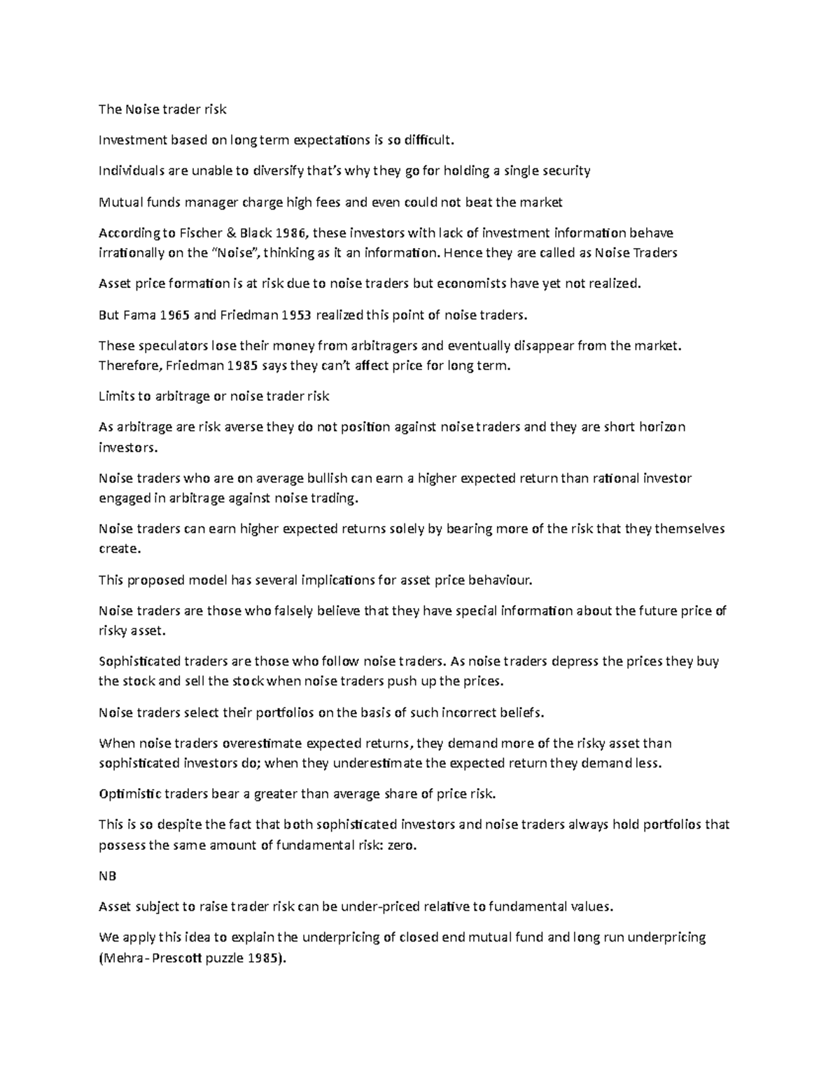 Noise trader risk presentation - The Noise trader risk Investment based ...