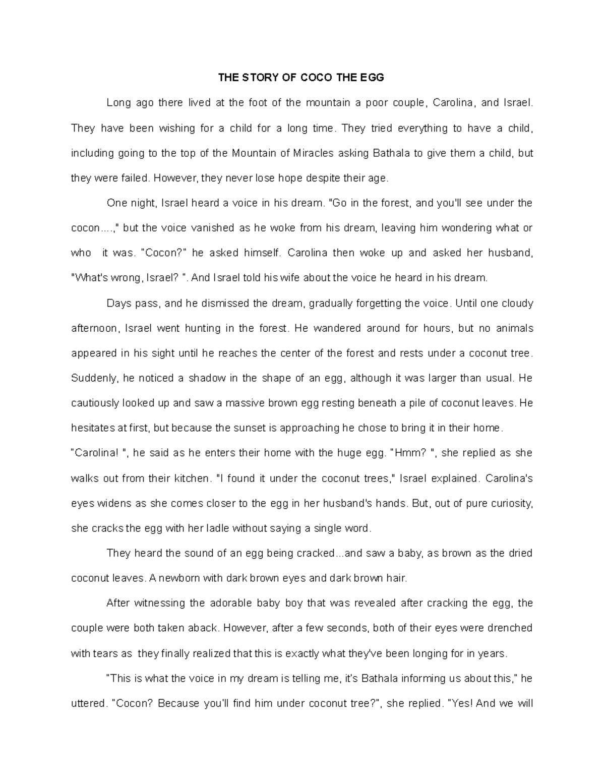 1. Short Story - THE STORY OF COCO THE EGG Long ago there lived at the ...