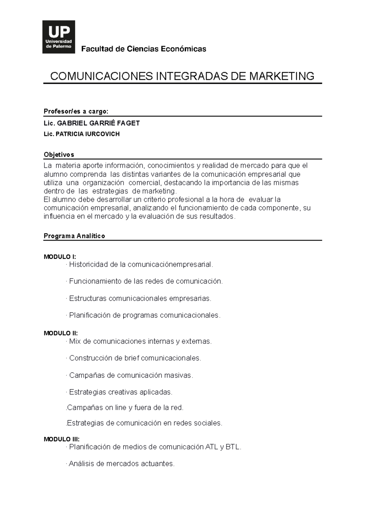 Syllabus CIM 2023Presencial - COMUNICACIONES INTEGRADAS DE MARKETING ...