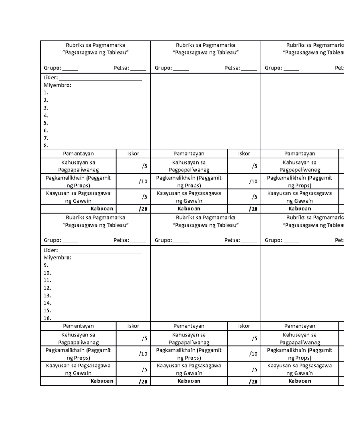 Rubriks sa Pagmamarka Tableau - Rubriks sa Pagmamarka “Pagsasagawa ng ...