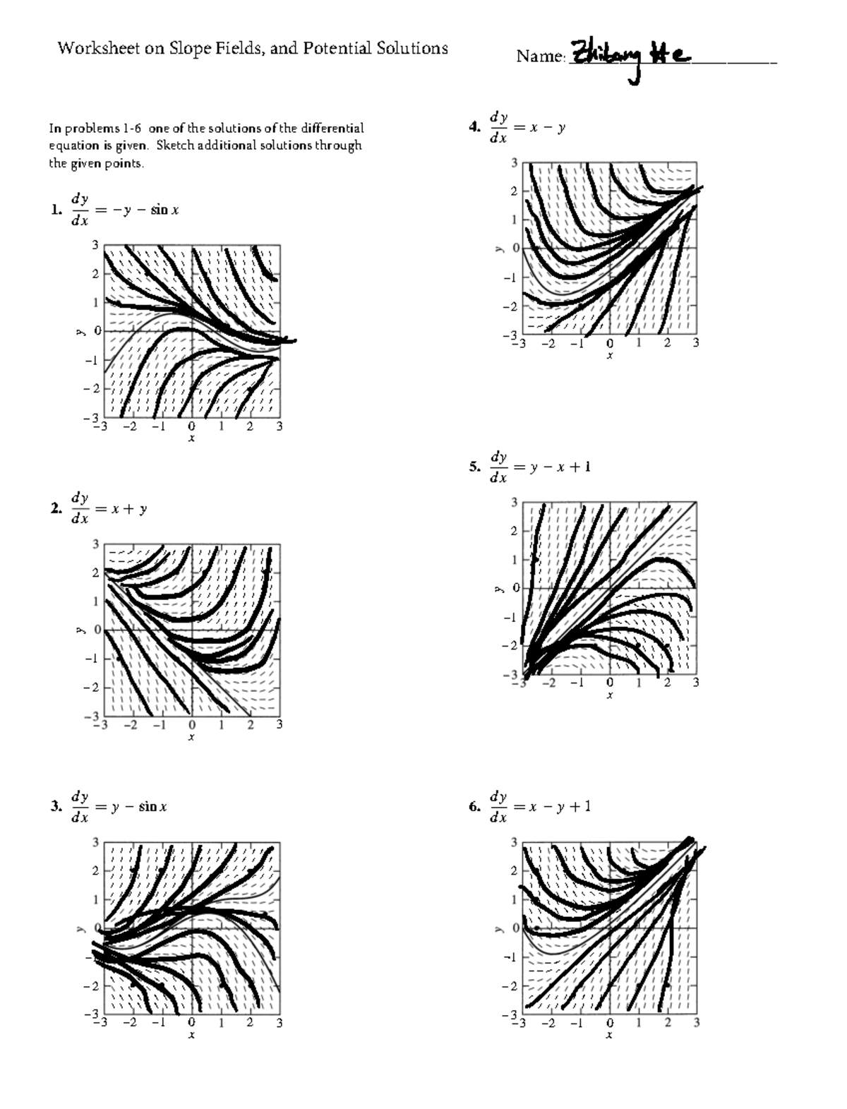 Worksheet on Slope Fields, and Particular Solutions ZH - 1 dy ...