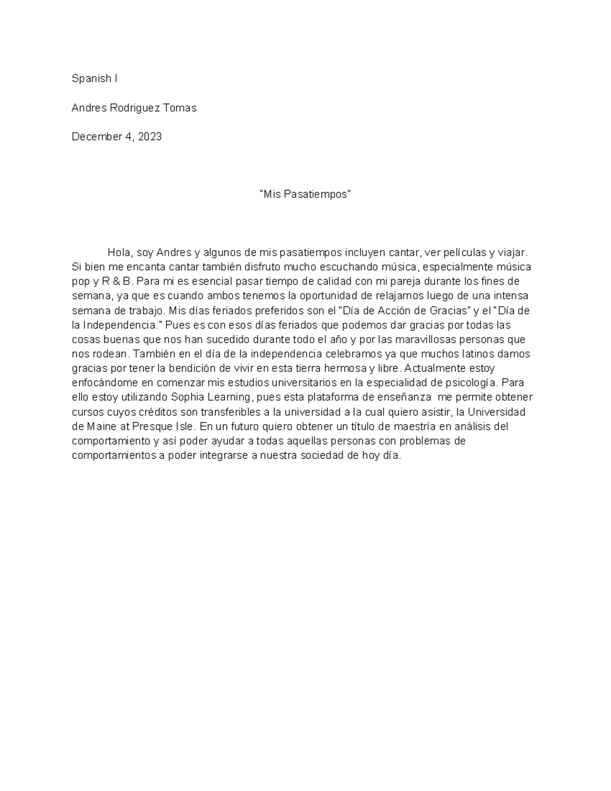 Composition Mis pasatiempos My pastimes - Spanish I Andres Rodriguez ...