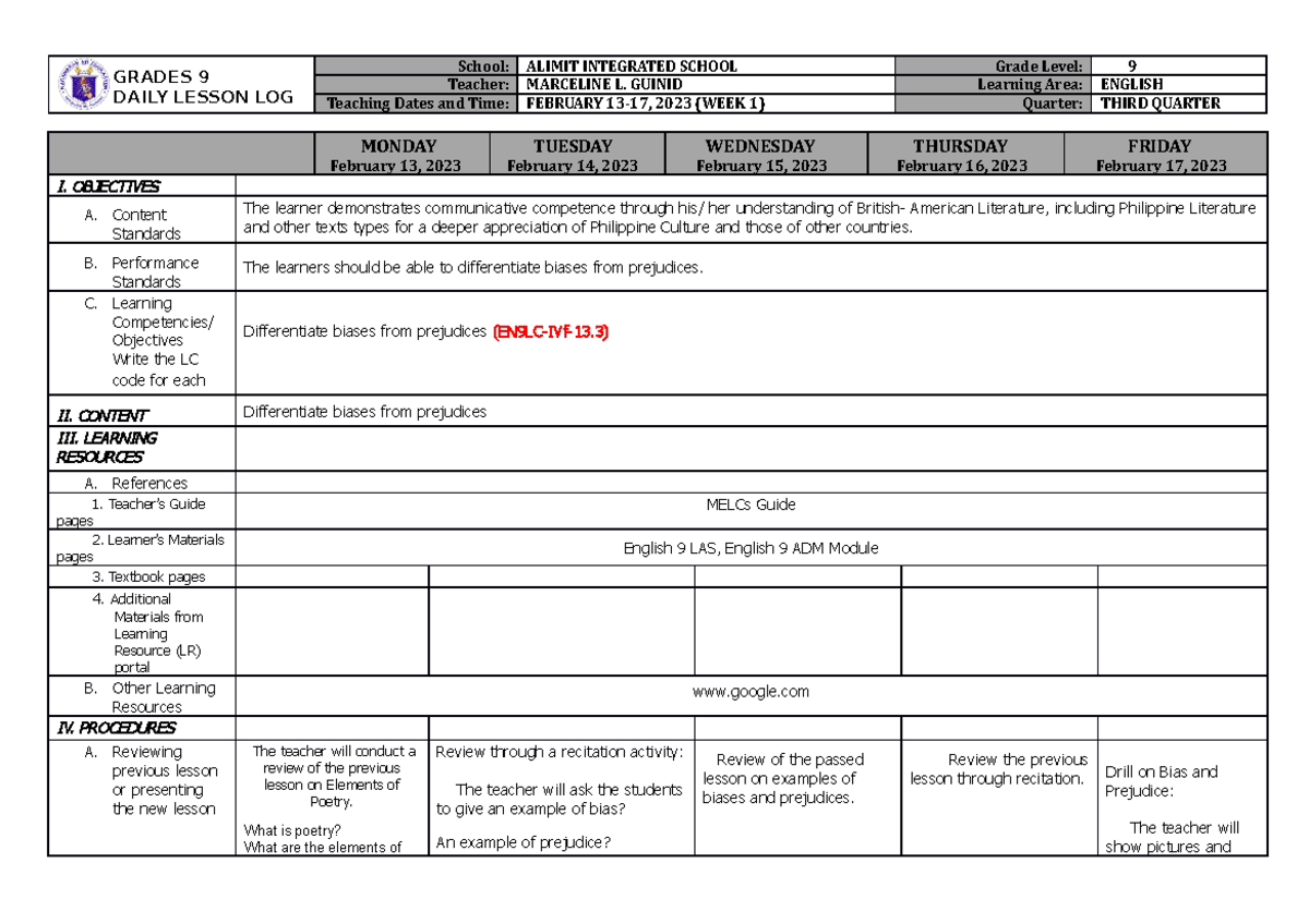 English 9- 3rd WEEK 1 - DLL - GRADES 9 DAILY LESSON LOG School: ALIMIT ...