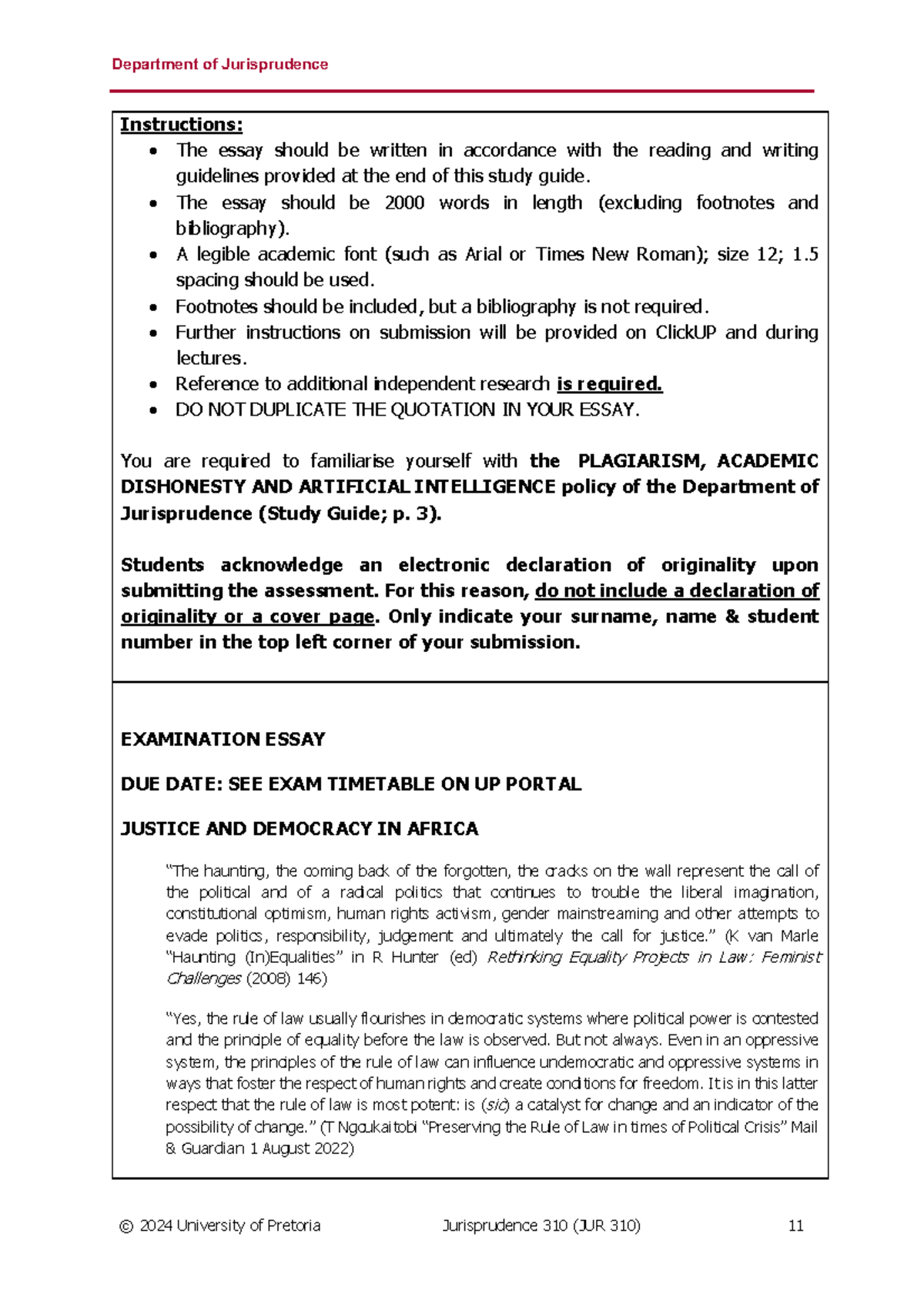 JUR 310 Exam topic - Department of Jurisprudence © 2024 University of ...