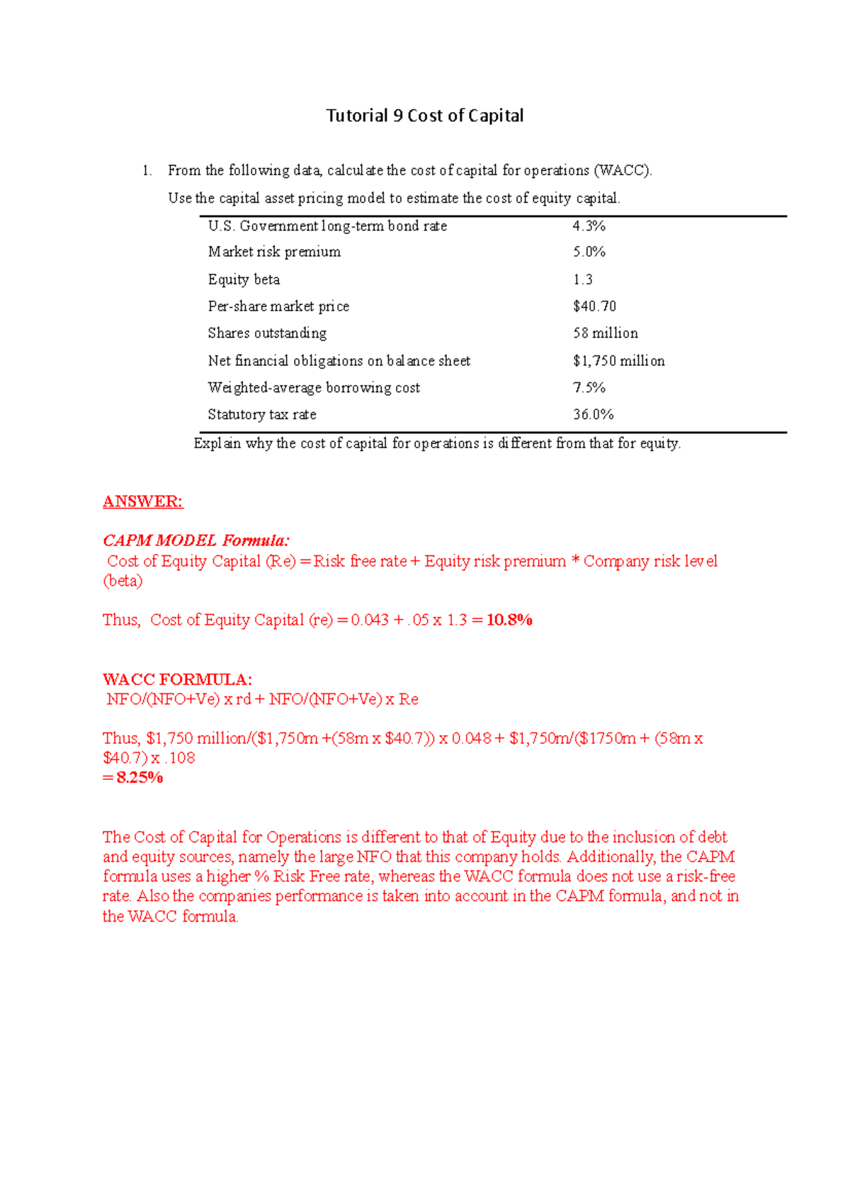 Tutorial 9 - Questions - FSA docs - Tutorial 9 Cost of Capital From the ...