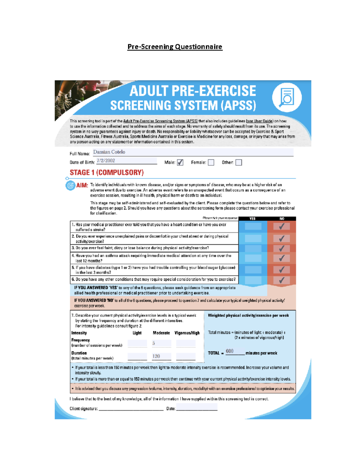 Pre-screening Questionnaire Part 1 - Pre-Screening Questionnaire Family ...