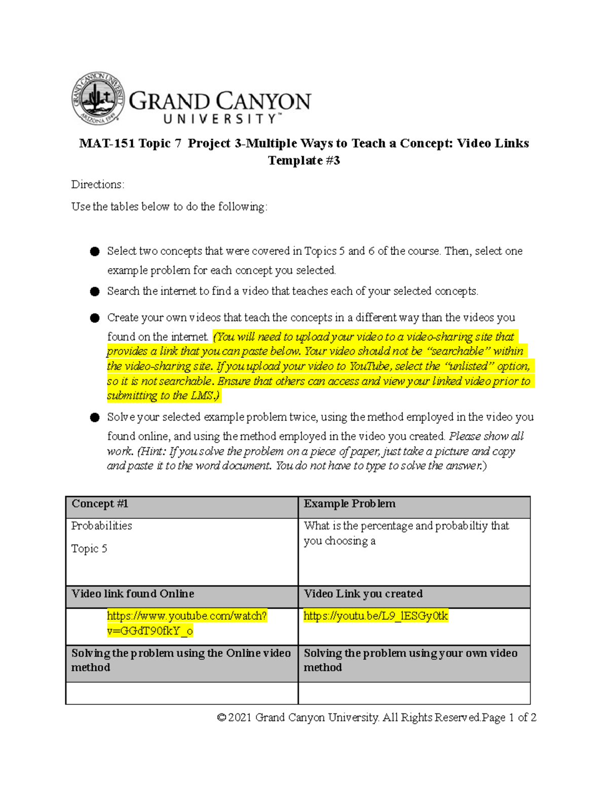MAT-151-T7-Project 3-Multiple Ways to Teach a Concept Video Links ...