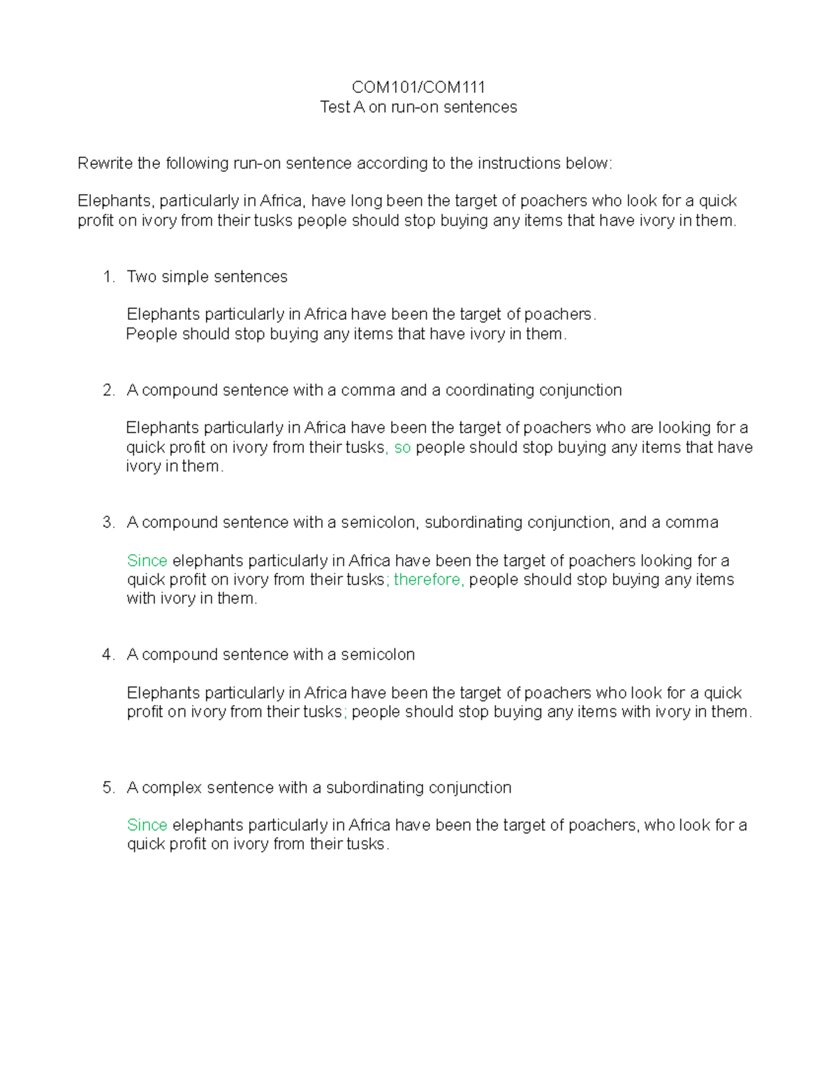 Test #1 - Run on Sentences - COM101/COM Test A on run-on sentences ...