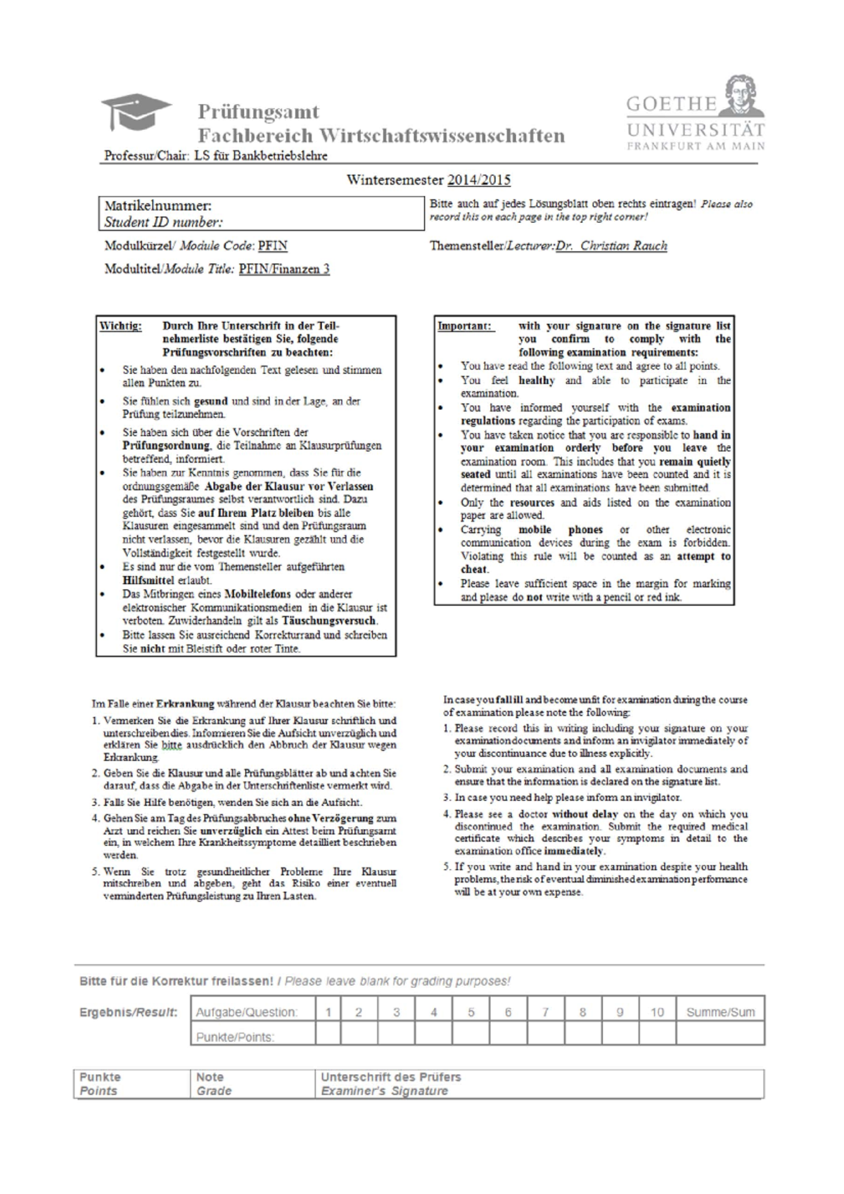 Probeklausur 2014, Fragen - Wintersemester - ÜbungsklausurWintersemester 2014-2015„PFIN“, Dr ...