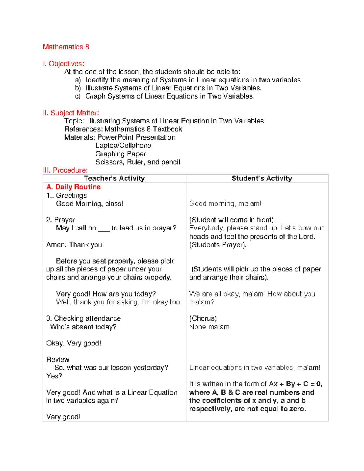 Detailed Lesson Plan Baribal - Mathematics 8 I. Objectives: At the end ...