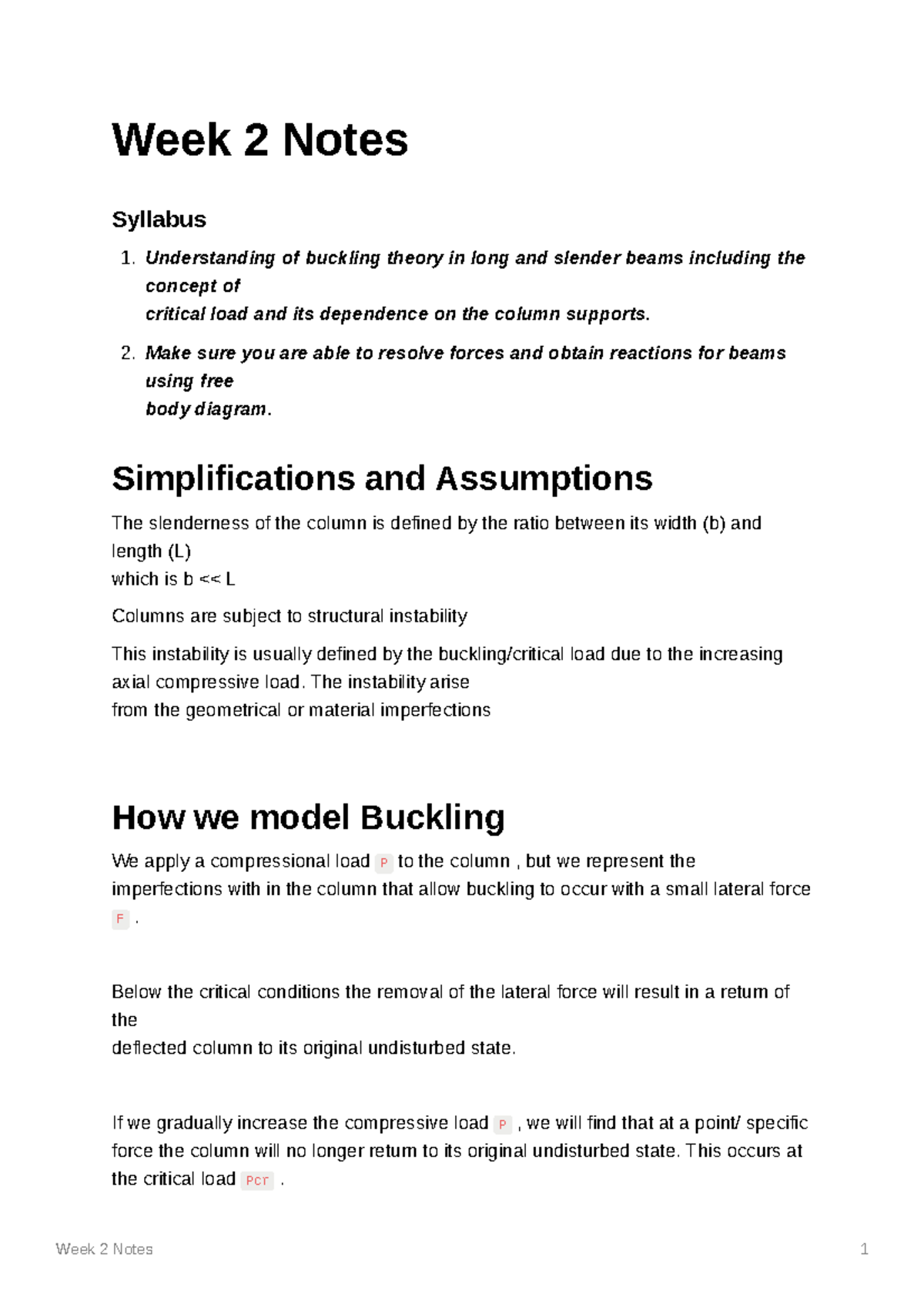 Week 2 Notes - Week 2 Notes Syllabus Understanding of buckling theory ...