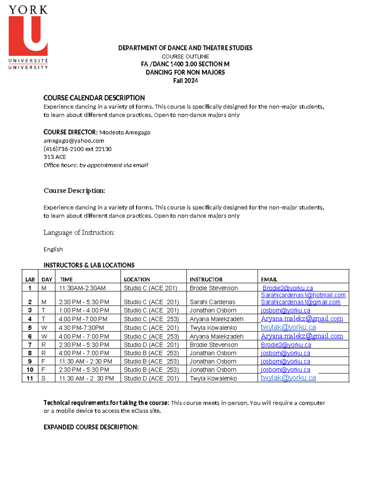 Course Outline - DEPARTMENT OF DANCE AND THEATRE STUDIES COURSE OUTLINE ...