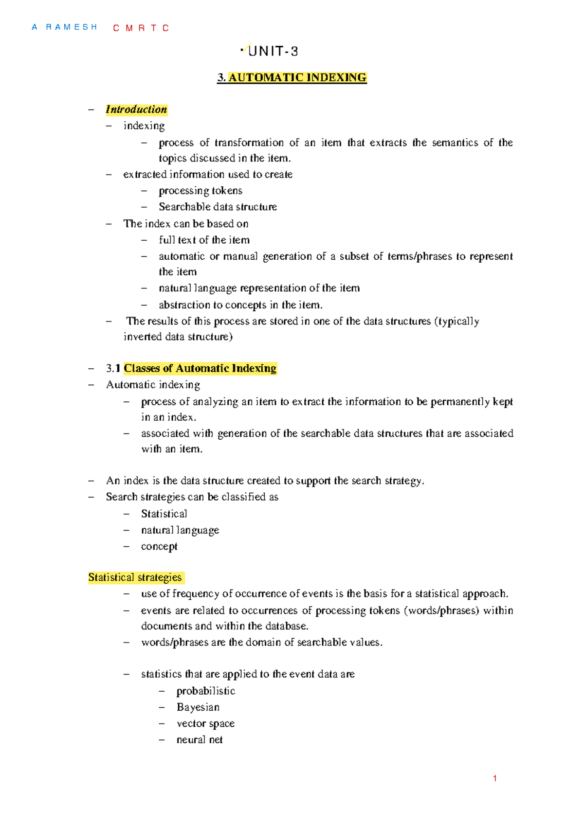 UNIT 3 IRS - IRS Unit 3 - 3. AUTOMATIC INDEXING Introduction indexing ...