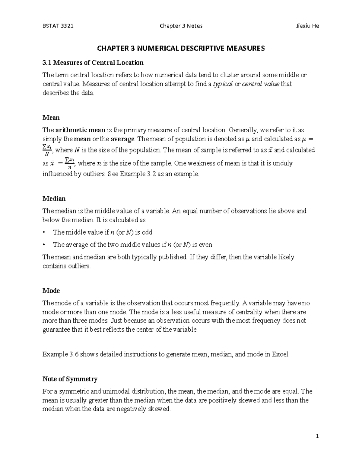 Notes - Chapter 3 - CHAPTER 3 NUMERICAL DESCRIPTIVE MEASURES 3 Measures ...