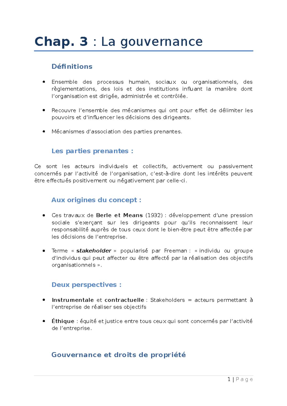 M1 - Chapitre 3 - La gouvernance - Chap. 3 : La gouvernance Définitions Ensemble des processus ...