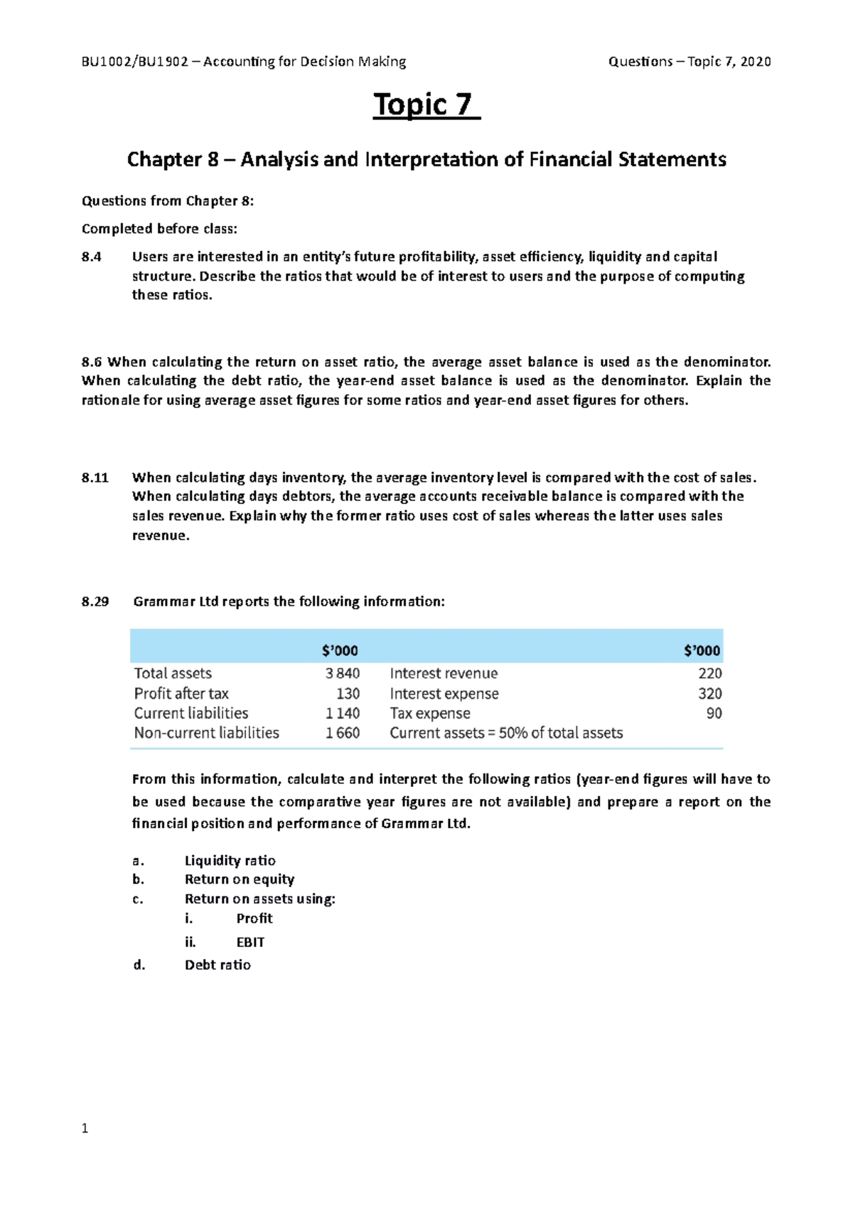 Topic 7 - Tutorial Questions 2020 - BU1002/BU1902 – Accouning for ...