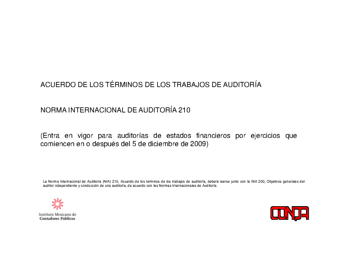 NIA 210 - normas internacionales - ACUERDO DE LOS TÉRMINOS DE LOS ...