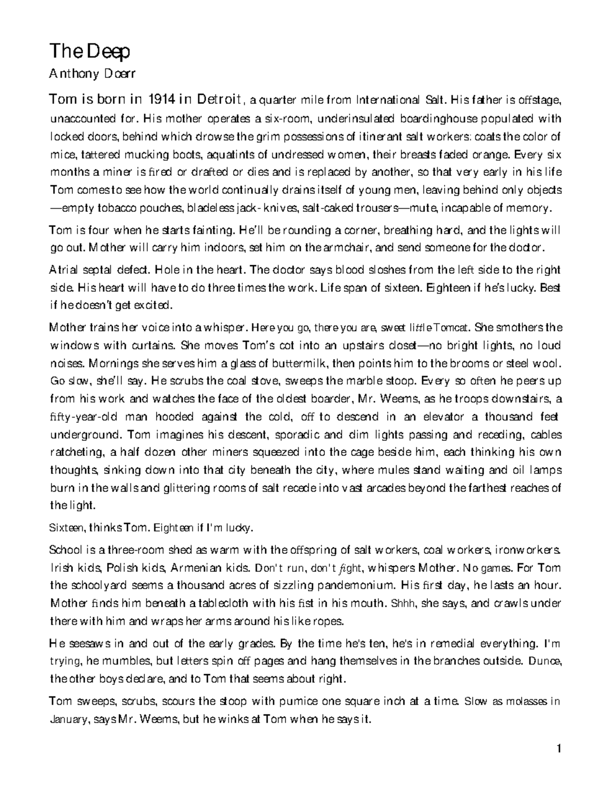 The-Deep - Short Story - The Deep Anthony Doerr Tom is born in 1914 in ...