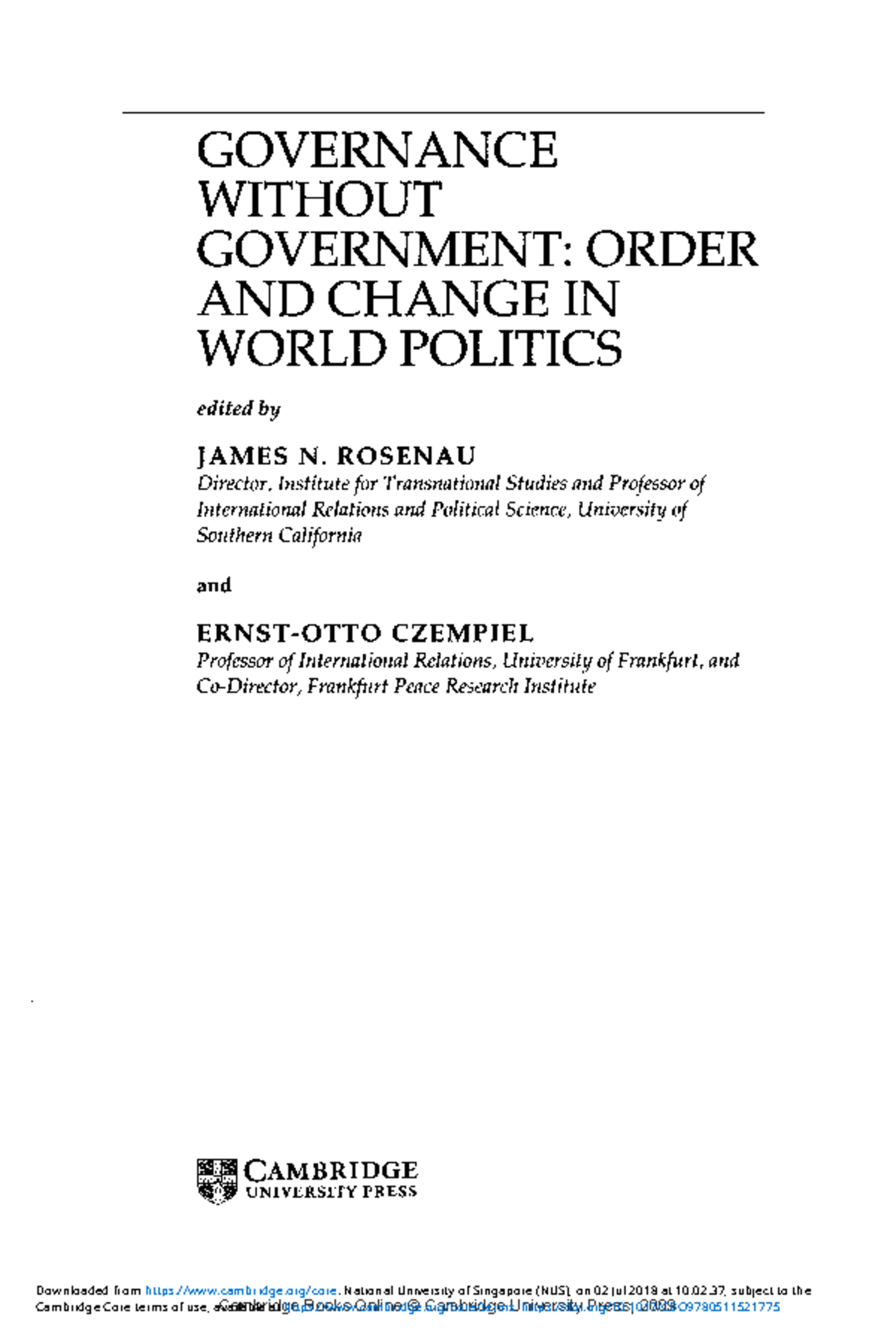 J - agerfvd - GOVERNANCE WITHOUT GOVERNMENT: ORDER AND CHANGE IN WORLD ...