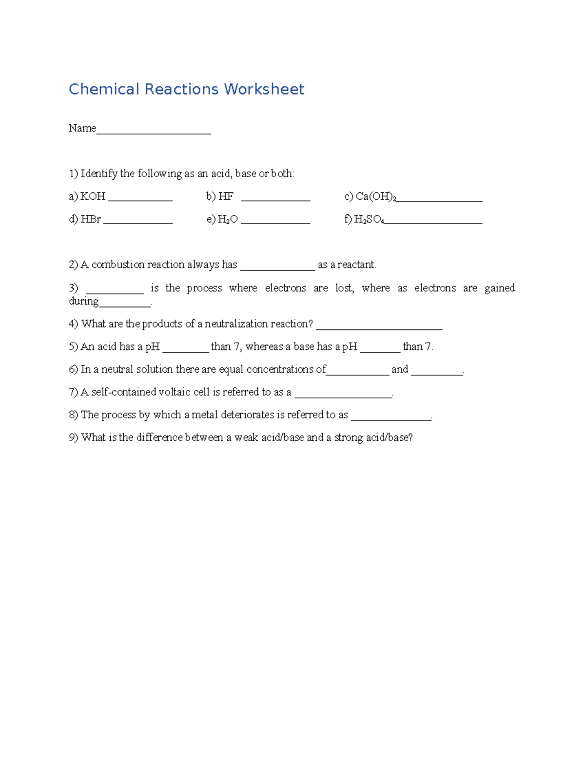 Chemical Reactions Worksheet - Chemical Reactions Worksheet Name ...