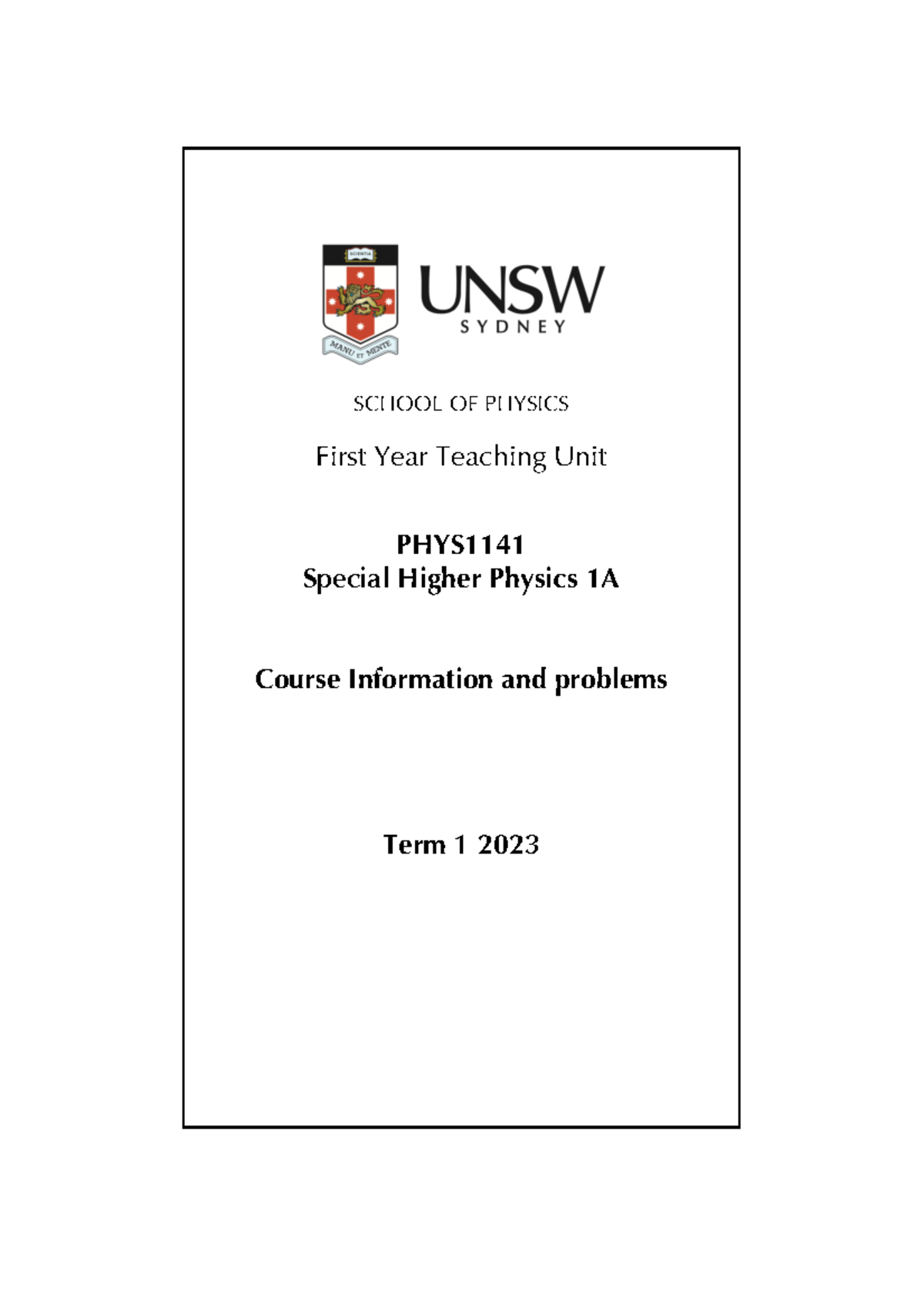 1A Special PSW Book - SCHOOL OF PHYSICS First Year Teaching Unit PHYS11 ...