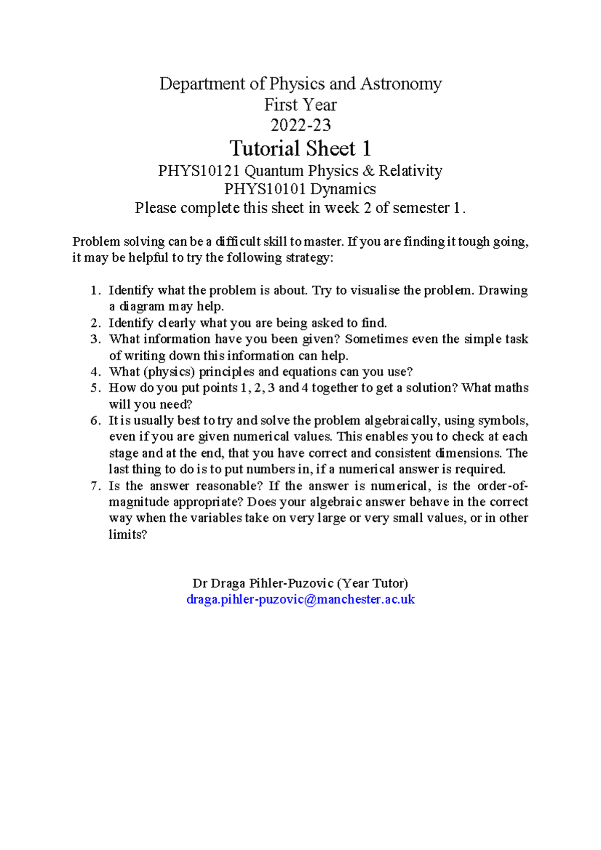 Phys Tut 1 - 1st tutorial sheet of semester 1 - Department of Physics ...