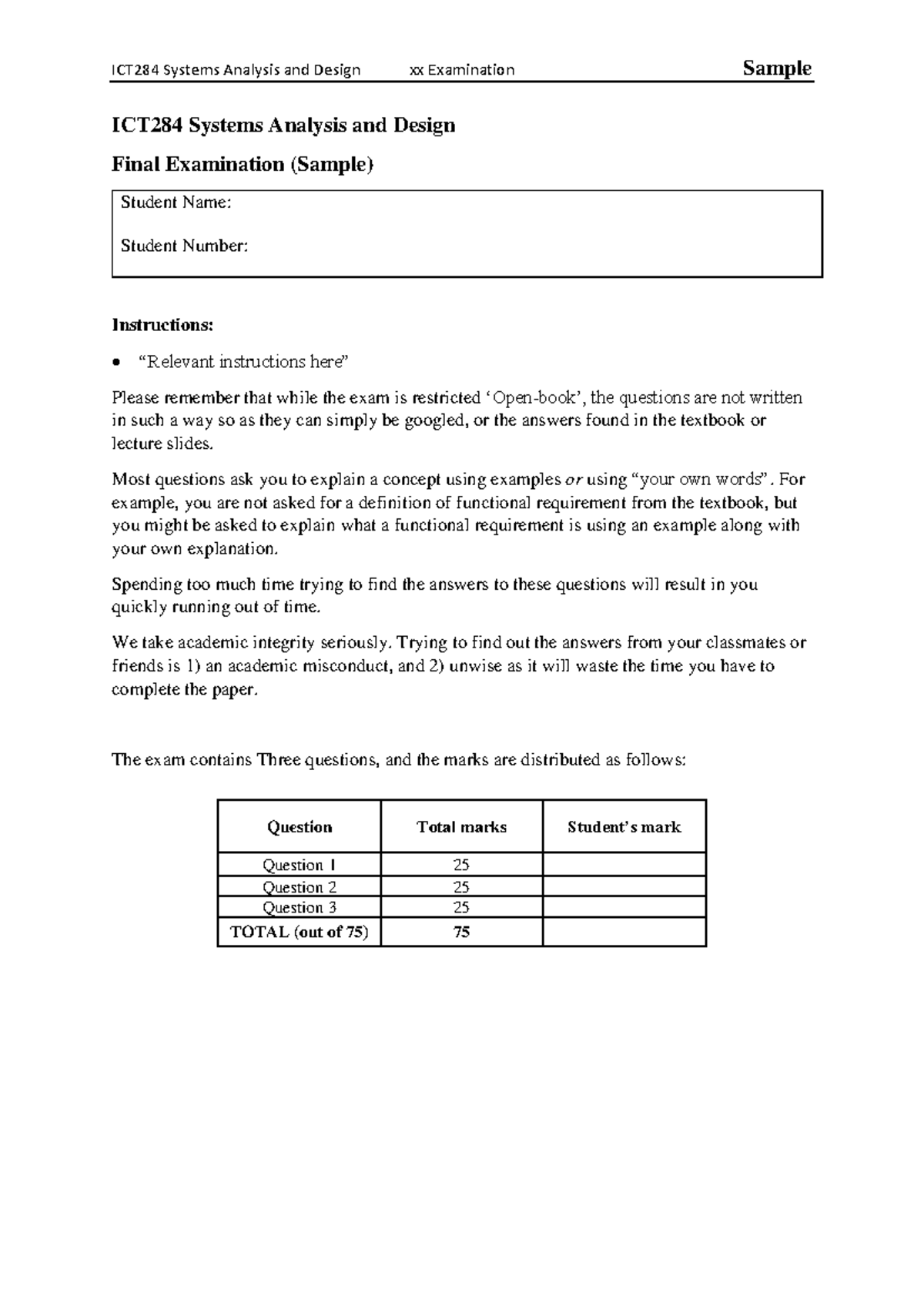 ICT284 Sample Final exam paper - ICT28 4 Systems Analysis and Design xx Examination Sample ...