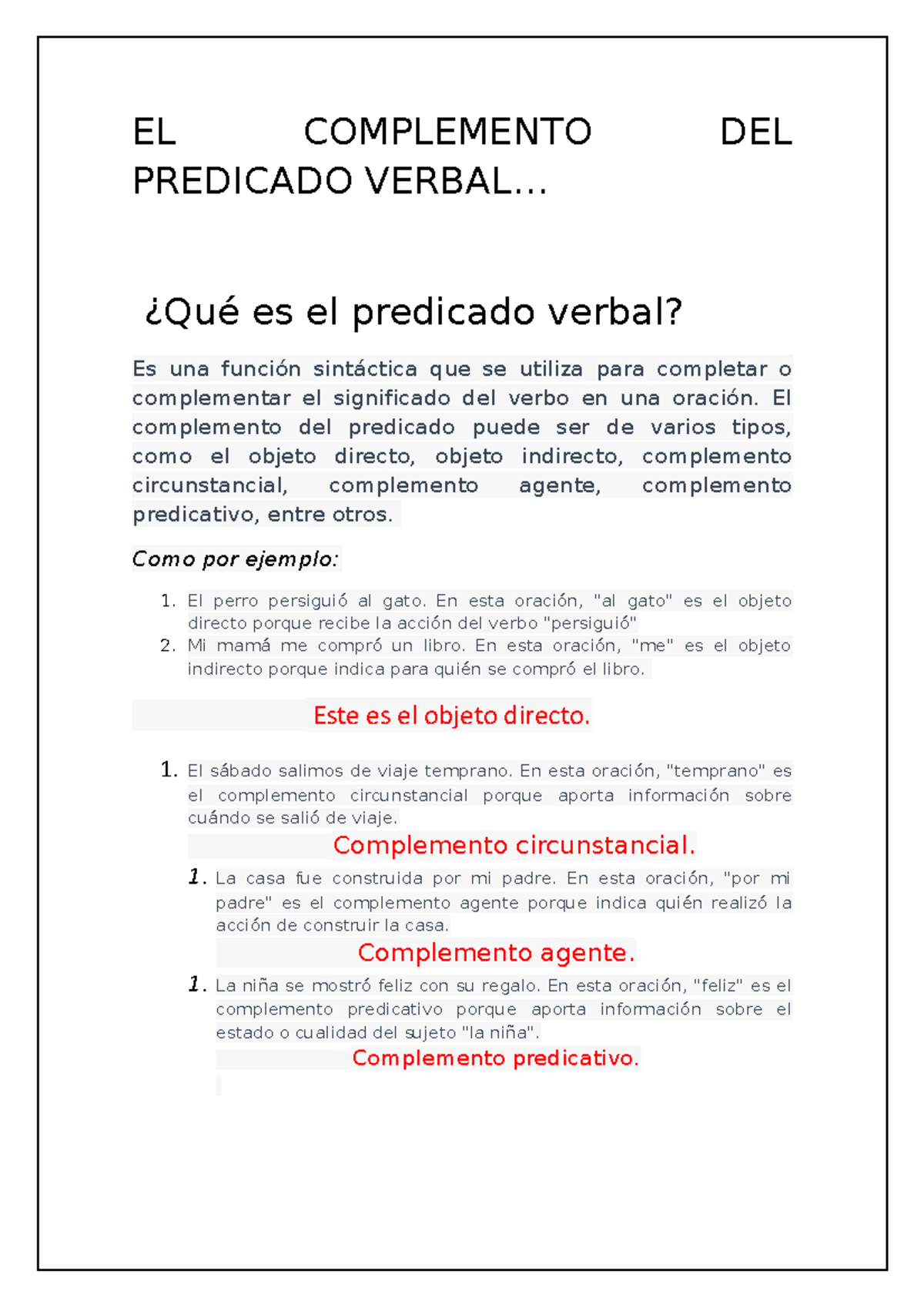 EL Complemento DEL Predicado Verbal - EL COMPLEMENTO DEL PREDICADO ...