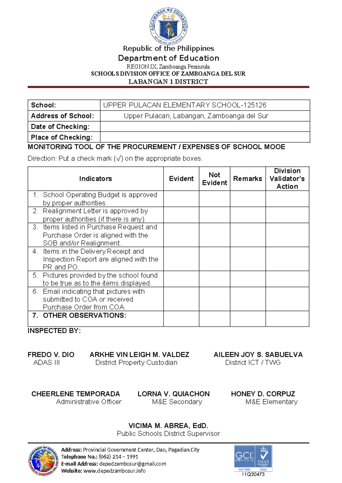 MOOE TWG Monitoring FORM - Address: Provincial Government Center, Dao ...