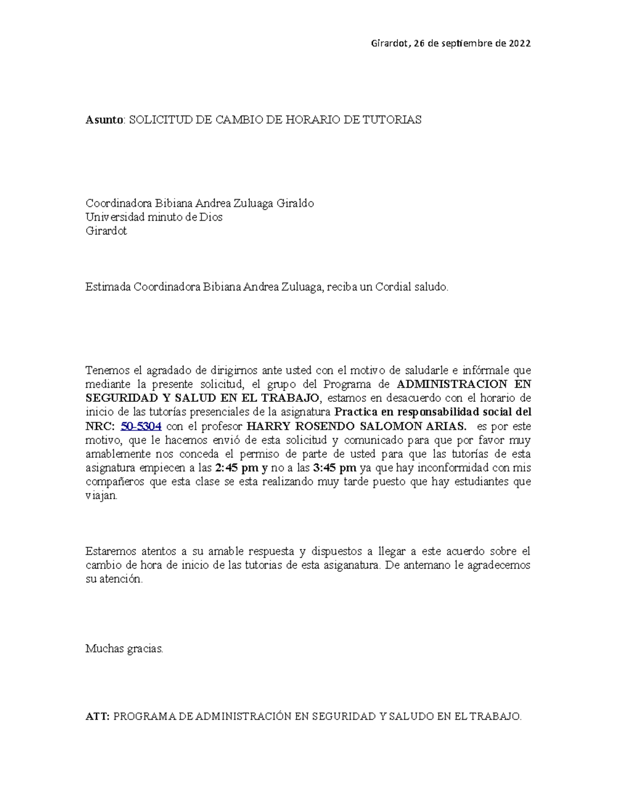 Carta - resumen - Asunto : SOLICITUD DE CAMBIO DE HORARIO DE TUTORIAS ...