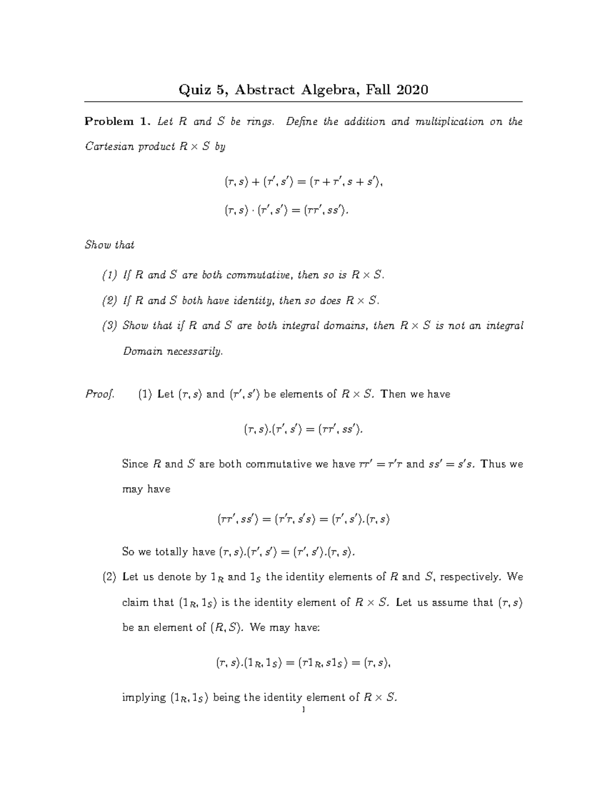 Quiz5 - Commutative rings - Quiz 5, Abstract Algebra, Fall 2020 Problem ...