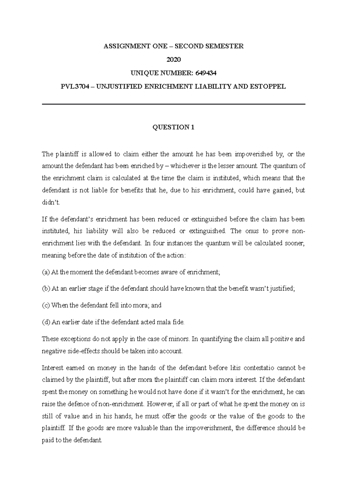 Assignment ONE - ASSIGNMENT ONE – SECOND SEMESTER 2020 UNIQUE NUMBER: 649434 PVL3704 ...