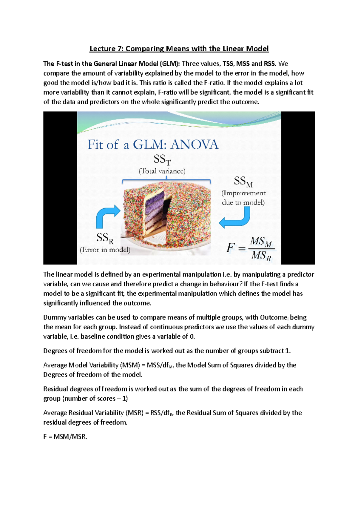 Stats Lecture 7 Comparing Means with the Linear Model - Lecture 7: Comparing Means with the ...