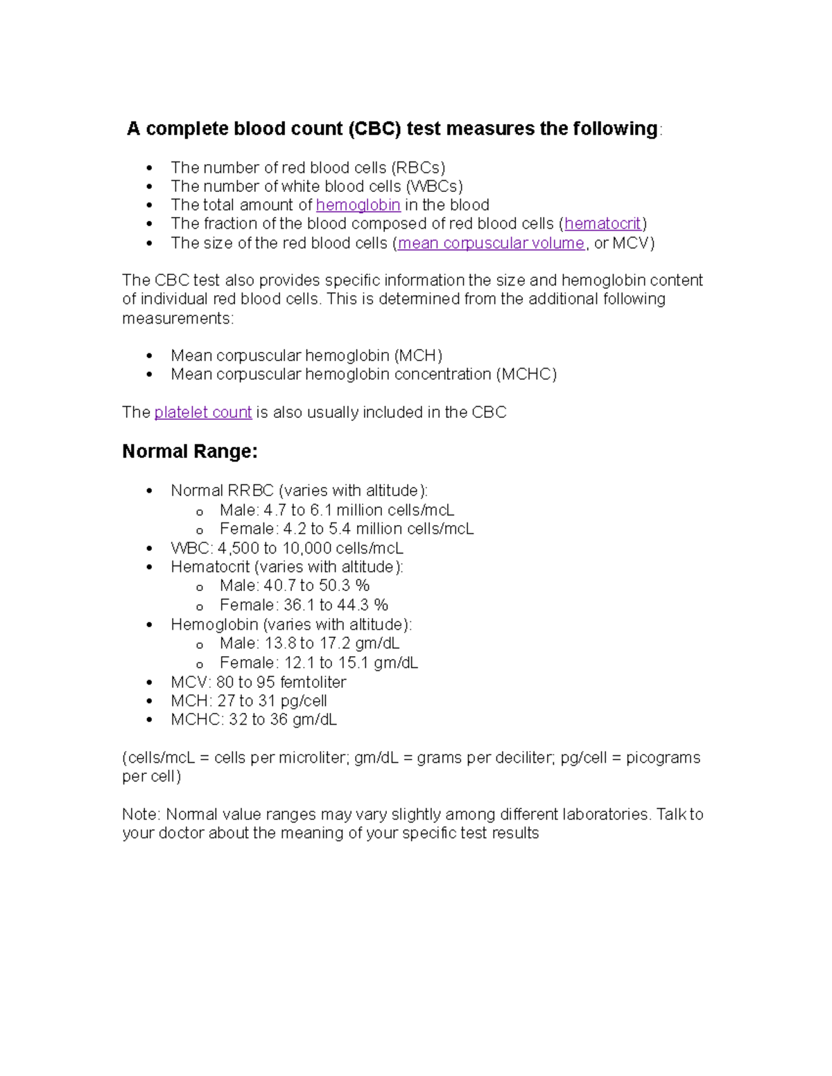 A complete blood count - Lecture notes 1-2 - A complete blood count ...