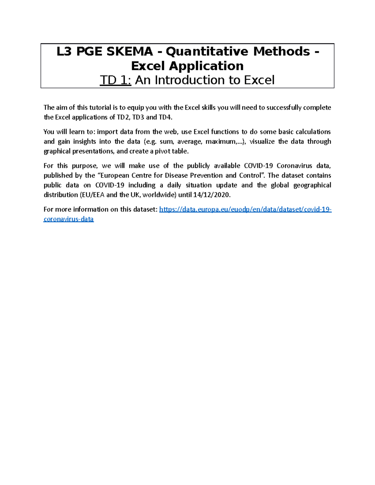 An Introductionto Excel Covid Application 2 - L3 PGE SKEMA - Quantitative Methods - Excel - Studocu