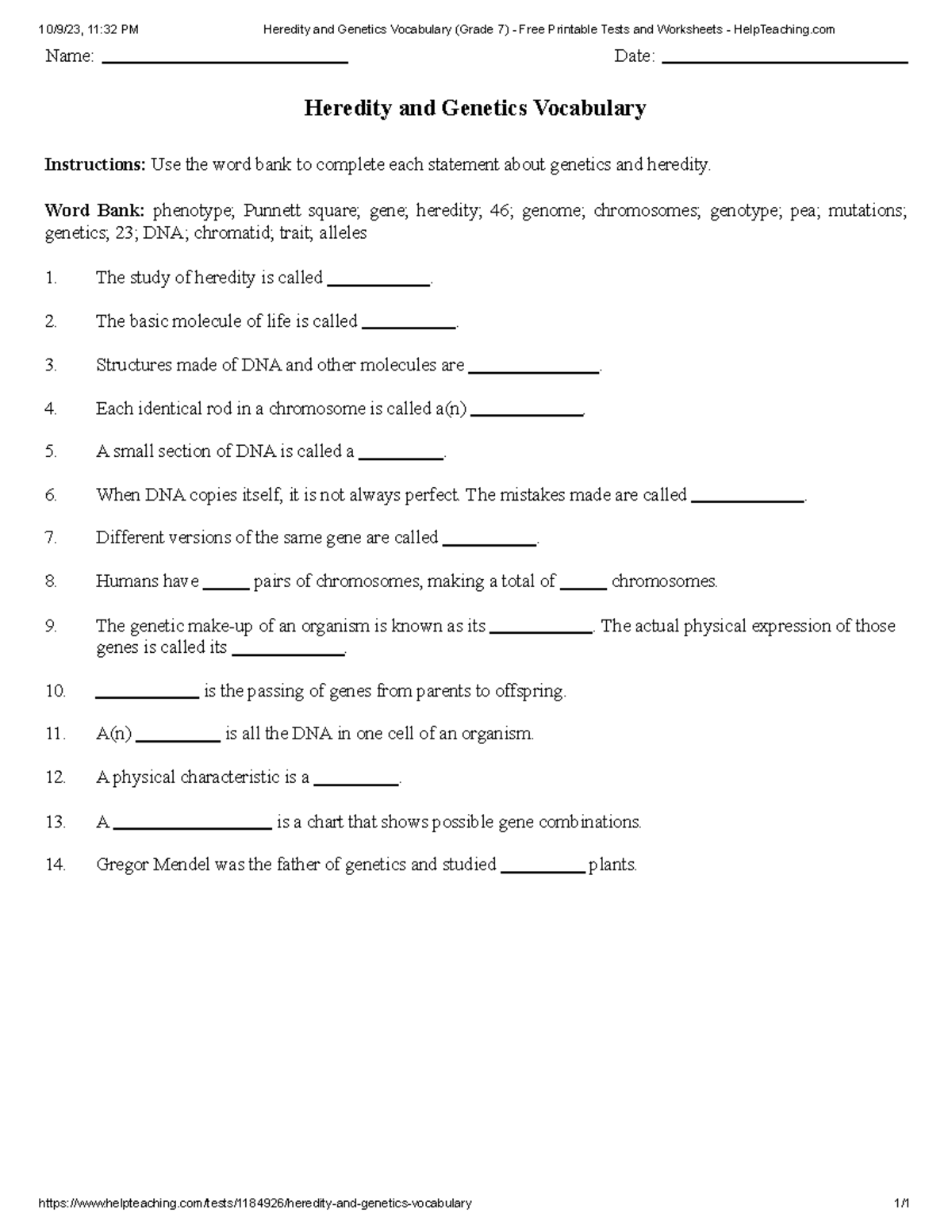 Heredity and Genetics Vocabulary (Grade 7) - Free Printable Tests and ...