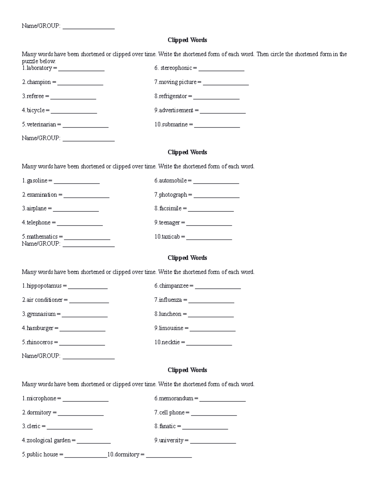 Clipped-words-fun-activities-games 42388 - Name/GROUP ...