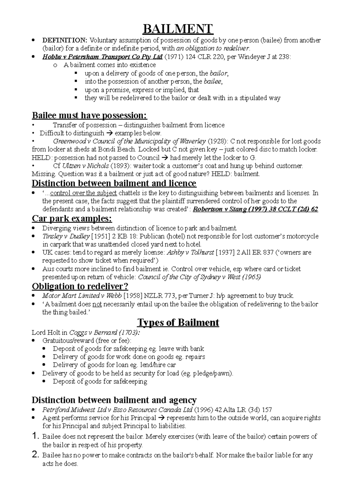 Wk 9 Bailment Exam notes - BAILMENT DEFINITION: Voluntary assumption of ...