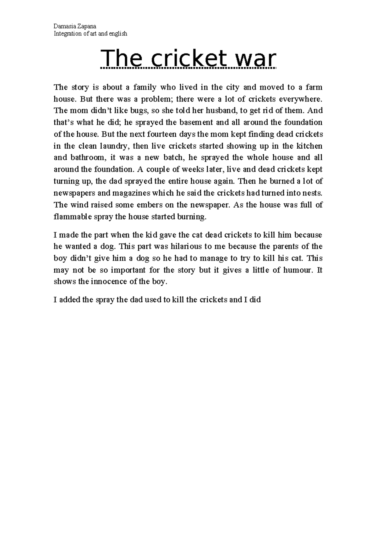 The cricket war - hola - Damasia Zapana Integration of art and english ...