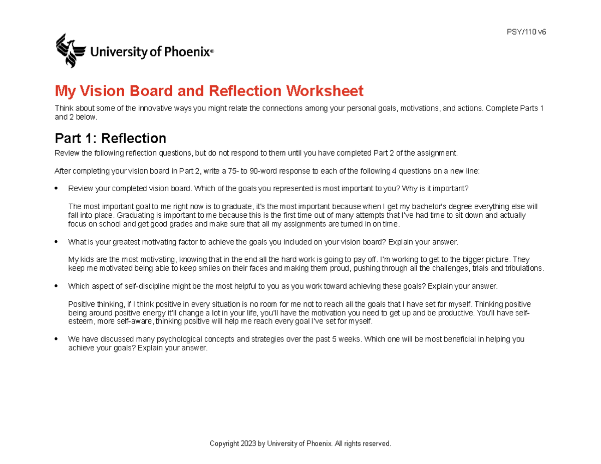 Psy110 v6 wk5 my vision board and reflection worksheet - PSY/110 v My ...