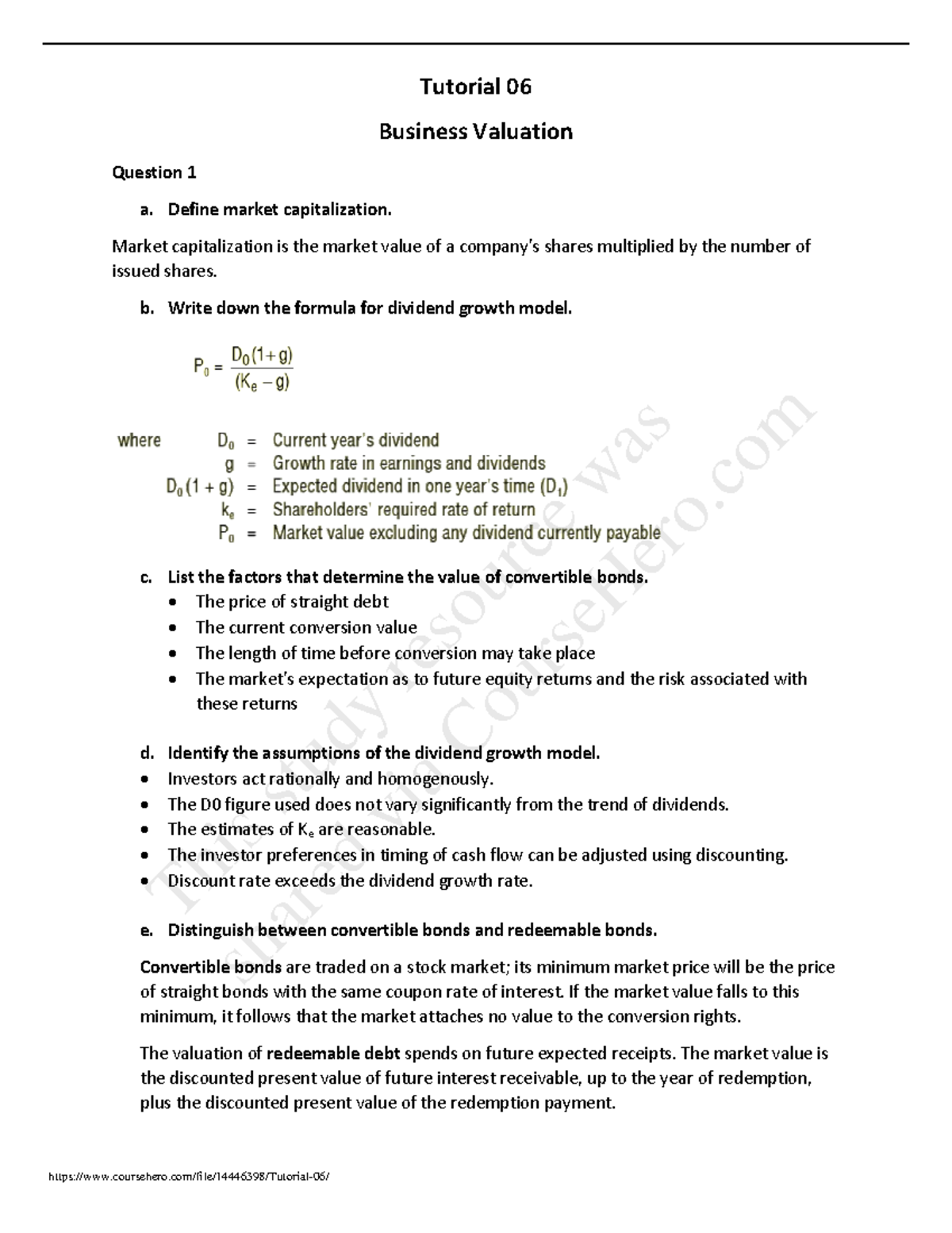 Pdf - Tutorial 06 Business Valuation Question 1 a. Define market ...