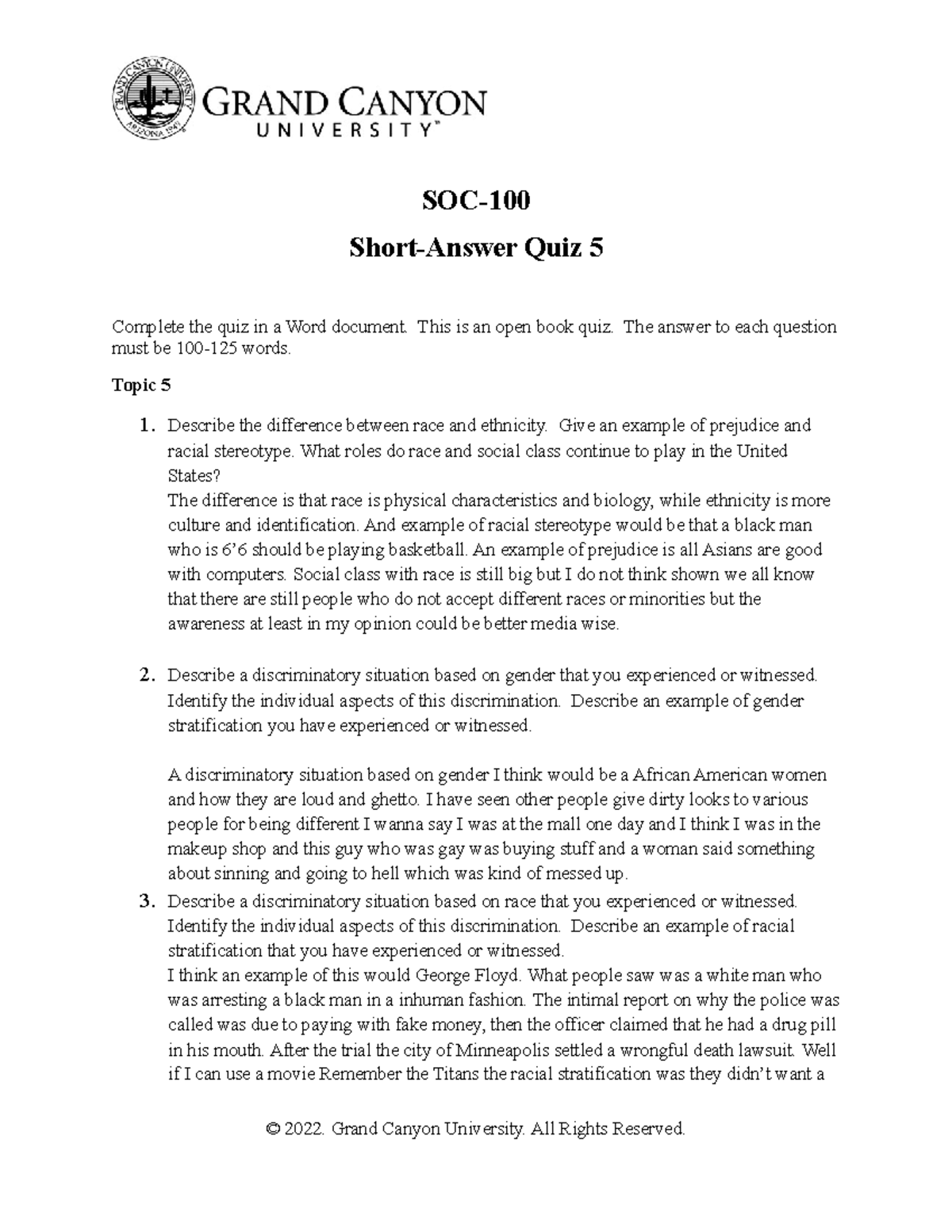 SOC-100.Short-Answer Quiz 5 - SOC- Short-Answer Quiz 5 Complete the ...