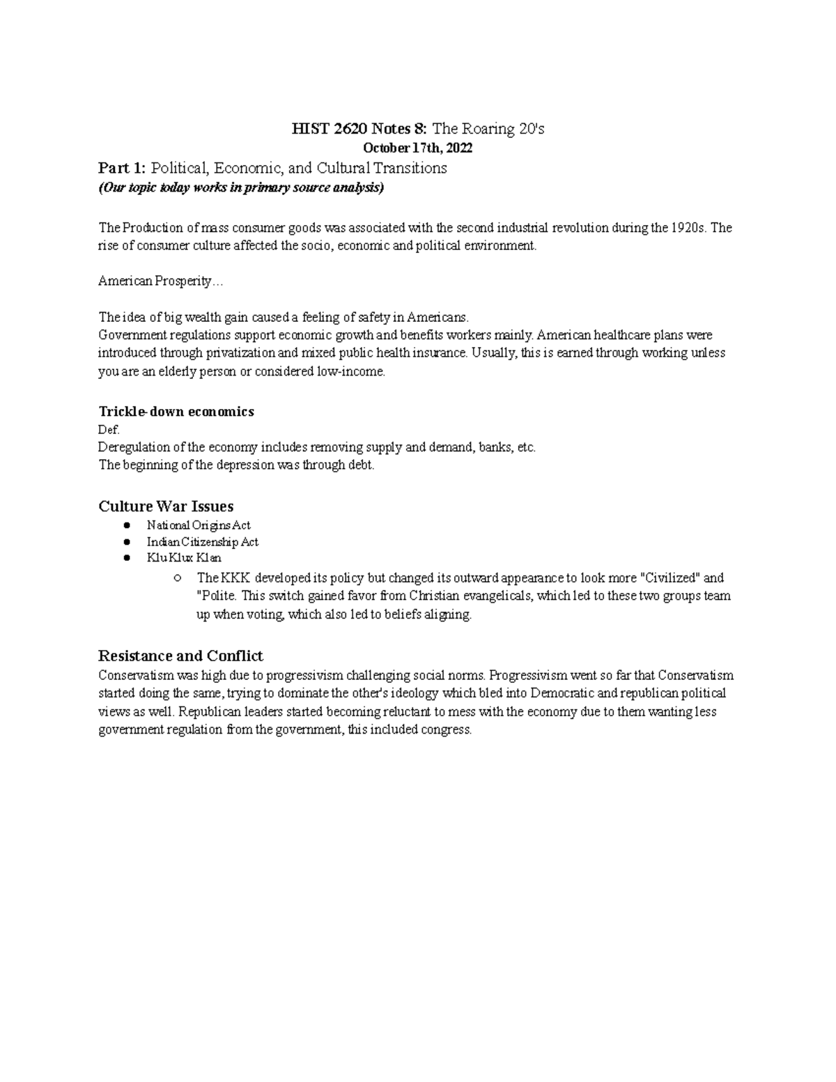 HIST 2620 The Roaring 20's - HIST 2620 Notes 8: The Roaring 20's ...