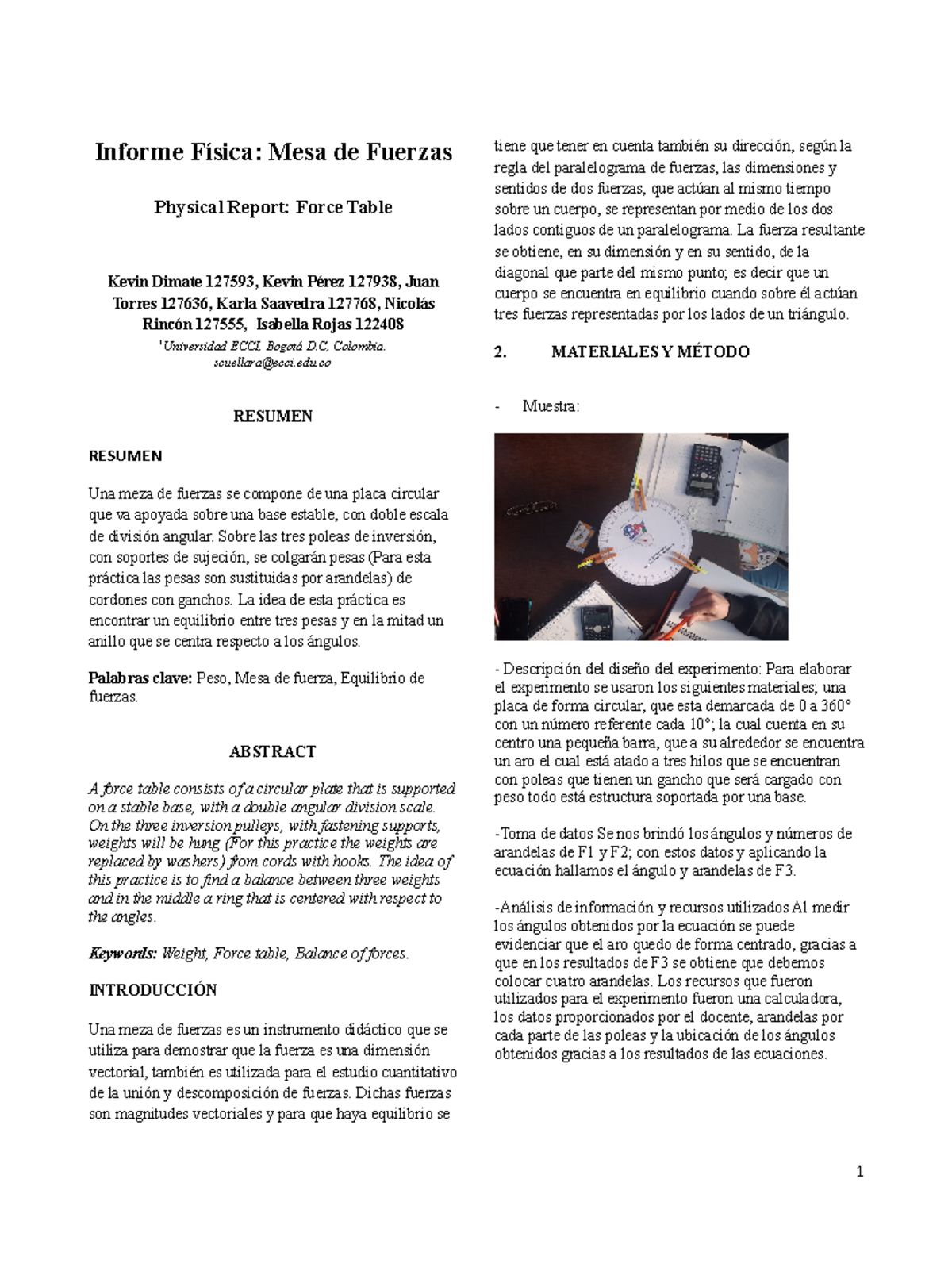 Informe Física Primer Laboratorio - Informe Física: Mesa de Fuerzas ...