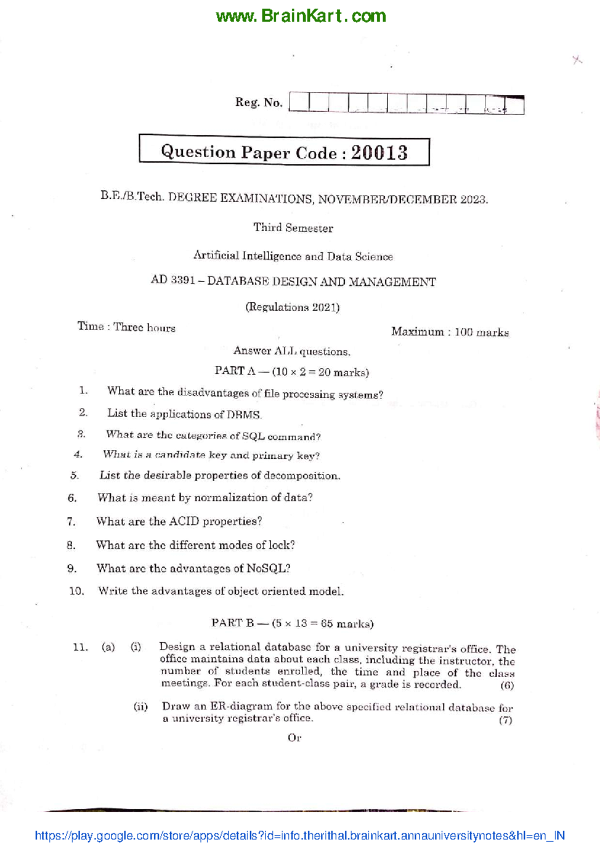 Database Design and Management - AD3391 2021 Regulation - Question Paper 2023 Nov Dec ...