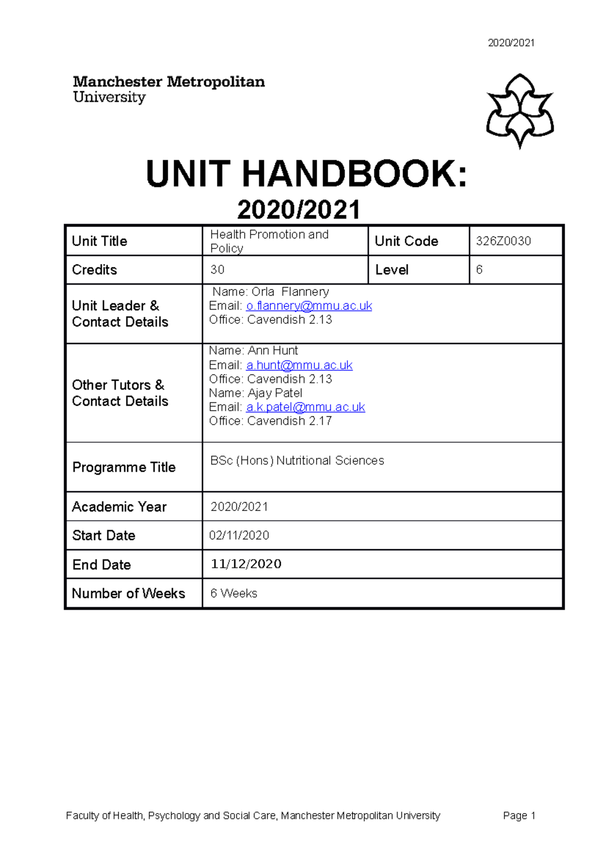 Unit handbook HP and Policy 2020 - UNIT HANDBOOK: 2020/ Unit Title ...
